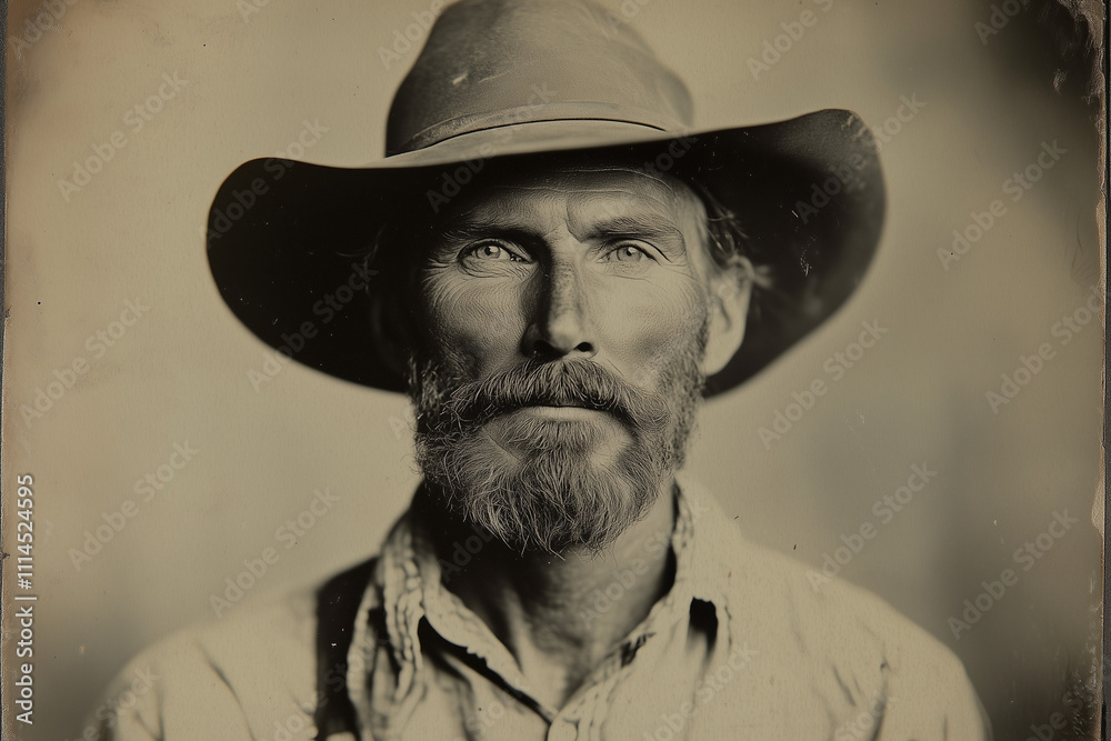 Antique tintype photograph of a gold miner from the 1900s, wearing a ...
