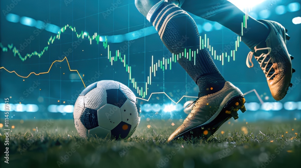 Soccer player kicking ball in stadium data visualization night event ...