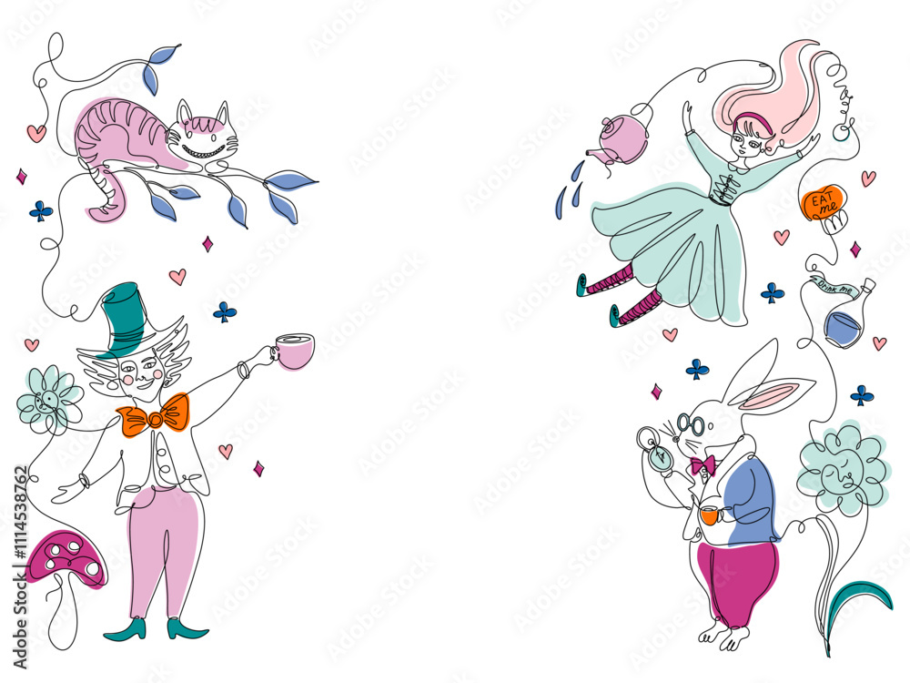 Alice in Wonderland background. Horizontal template with characters and ...