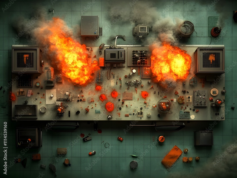 Chaotic experimental research lab disaster with flames explosions ...