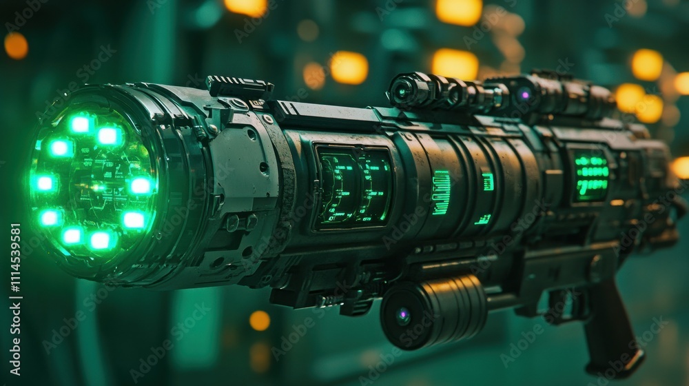 Large grenade launcher with green energy light and digital targeting ...