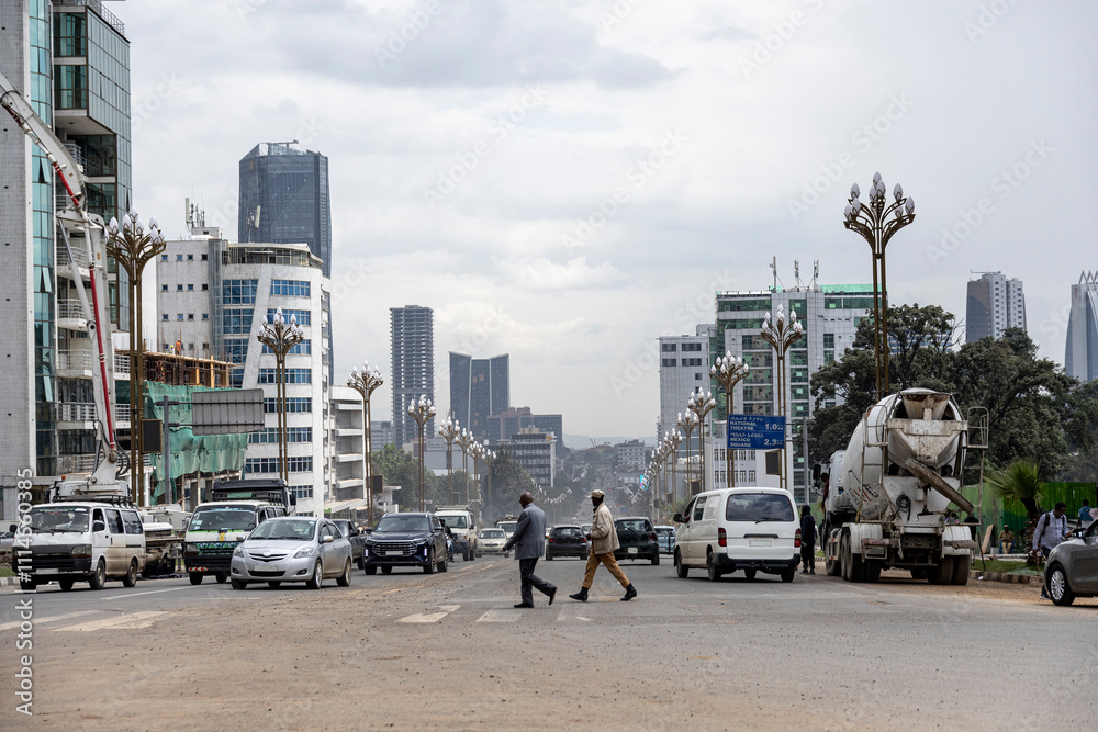 Traffic and buildings in downtown Addis Ababa, capital city of Ethiopia ...
