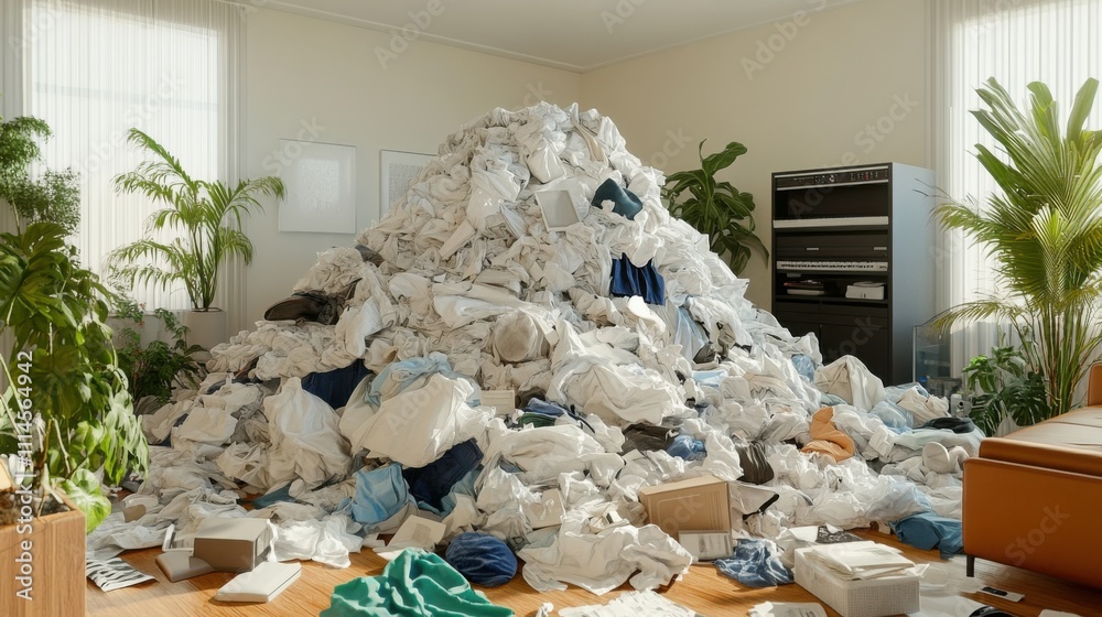 Overwhelming Laundry Pile in Cozy Living Room with Indoor Plants. Over ...