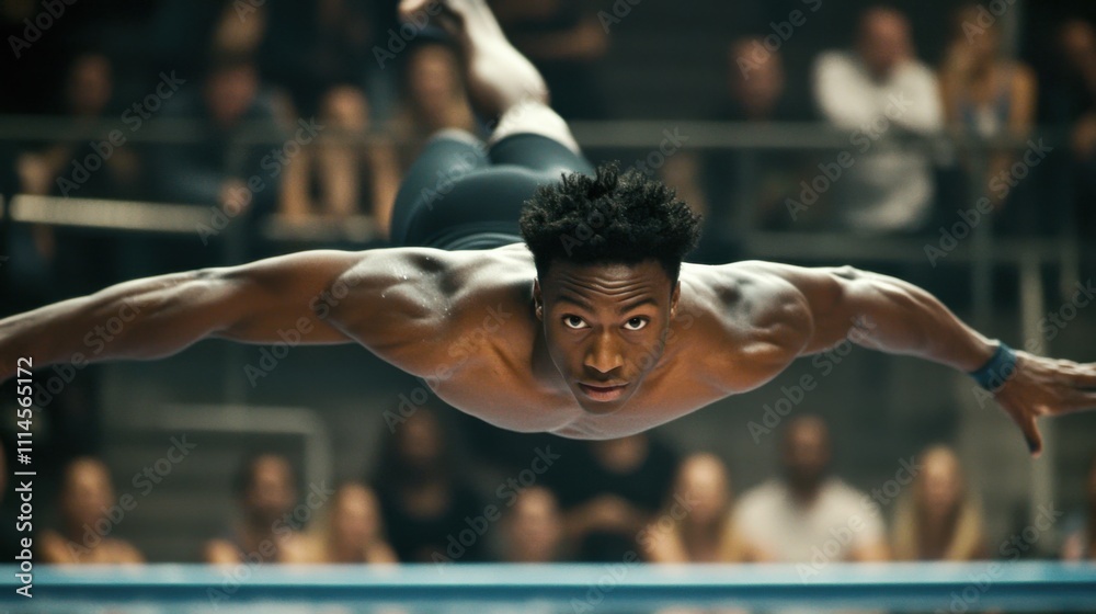 Male diver performs a breathtaking leap in a competitive swimming event ...