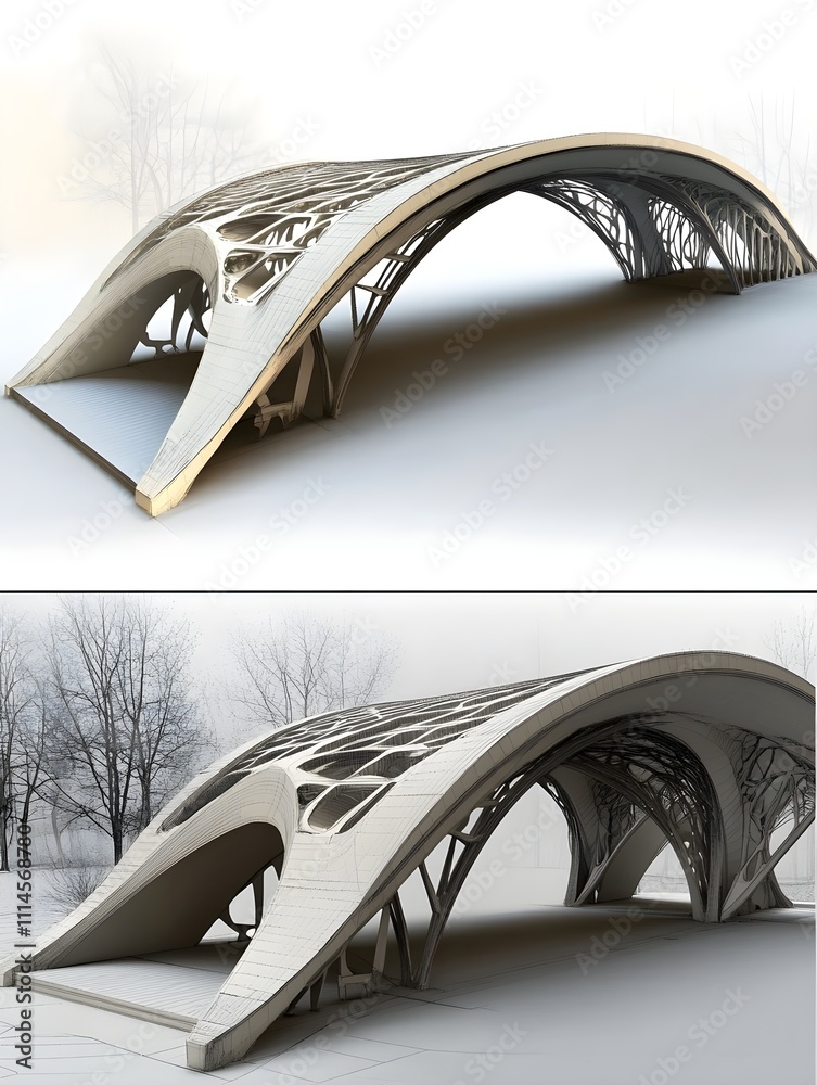 A CAD rendering of an arched bridge with detailed support structures ...