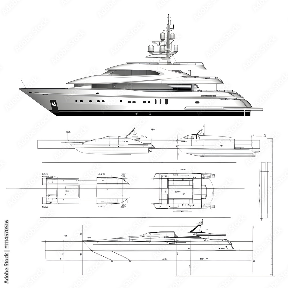 A CAD blueprint of a luxury yacht, side view, showing hull details ...