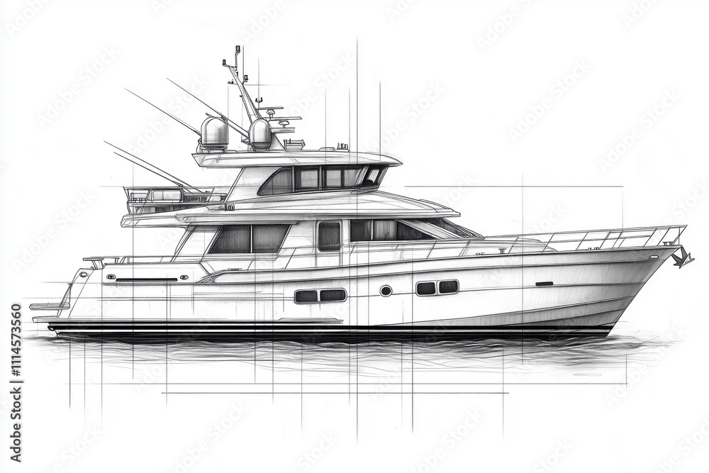 A detailed sketch of a luxury yacht, showcasing its design and ...