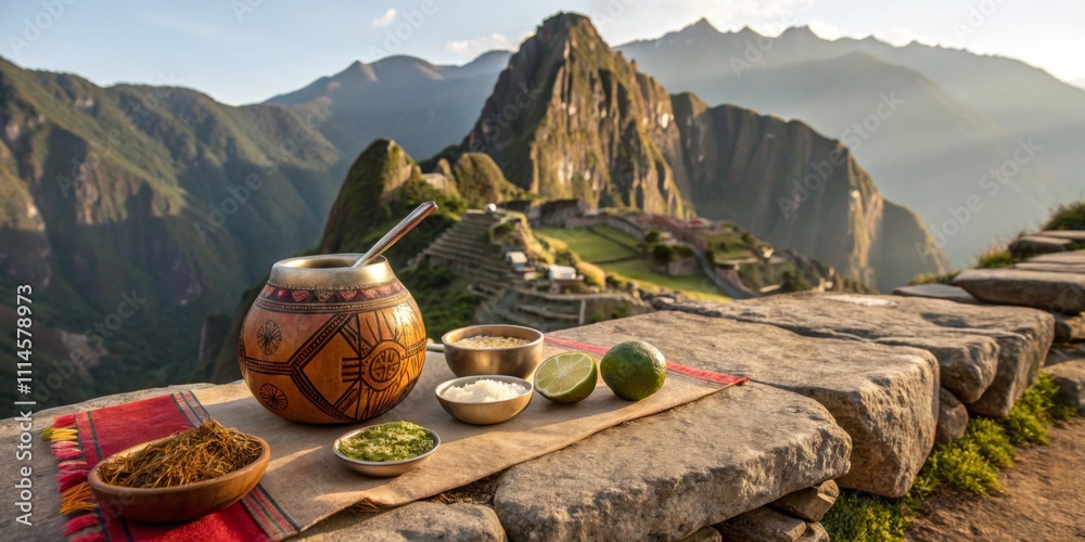 Traditional meal with local ingredients at Machu Picchu during sunrise ...