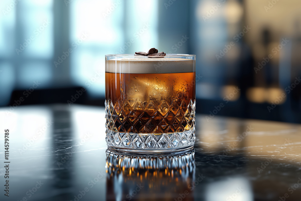 A photo of a Carajillo cocktail with coffee beans on top of foam on a ...