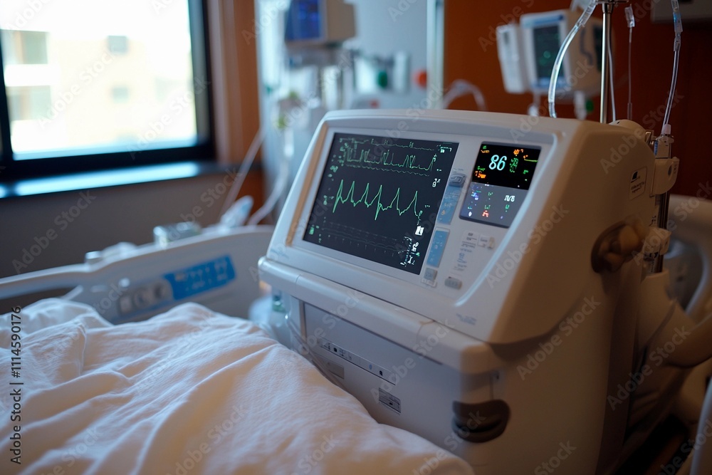 Vital signs monitor displays heartbeat in hospital room during patient ...