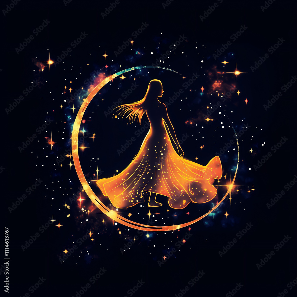 zodiac sign Virgo; abstract mythic virgin lady woman waking over ...