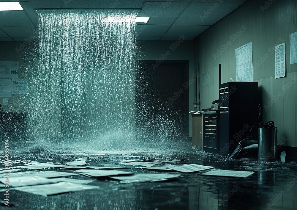 Water cascades into an office space, flooding papers and creating chaos ...