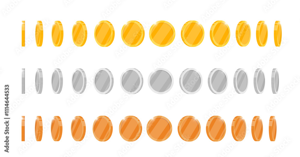 Animated gold, silver and bronze coin rotation in multiple directions ...
