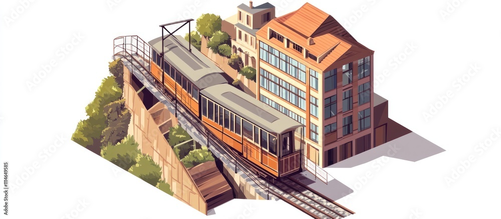 Isometric illustration of a funicular railway ascending a steep hill ...