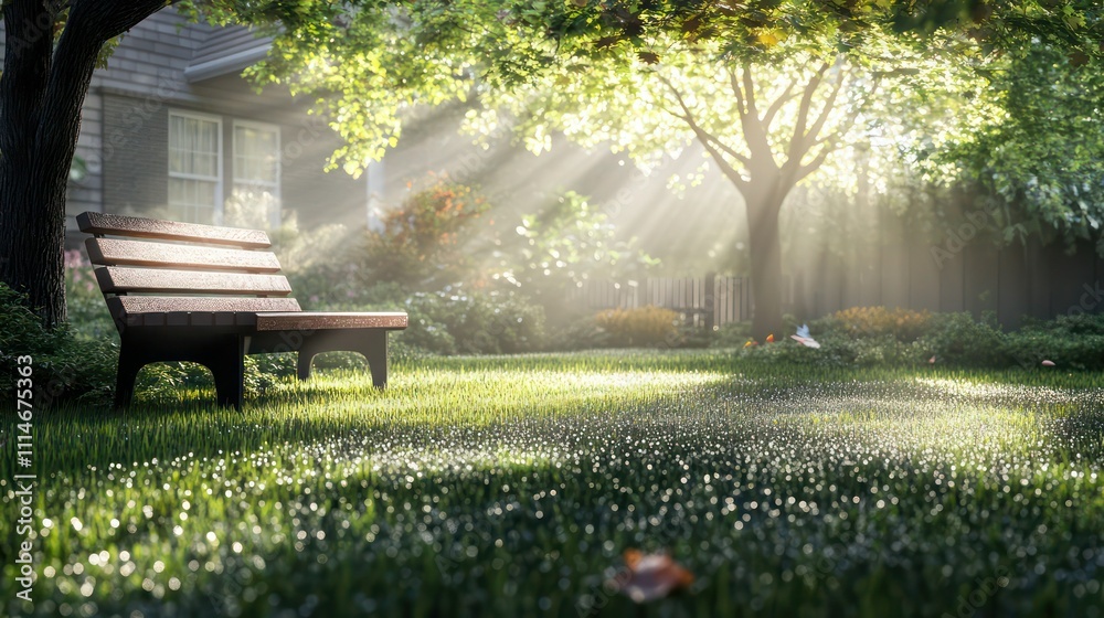 Home with a backyard bench under shady maple trees, sunlight filtering ...