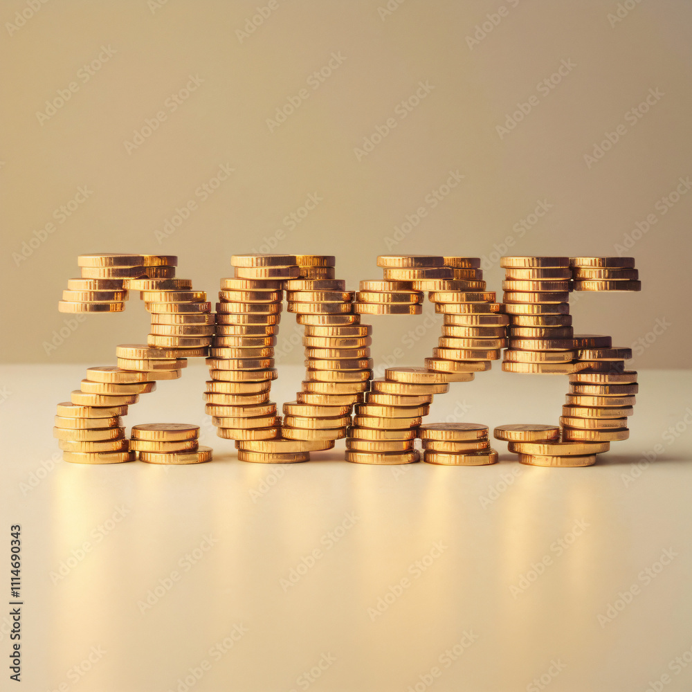 Monedas de oro ordenadas en forma del número 2025 con buen presagio ...