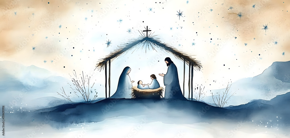 Watercolor painting representing Nativity scene in Bethlehem. Christmas ...