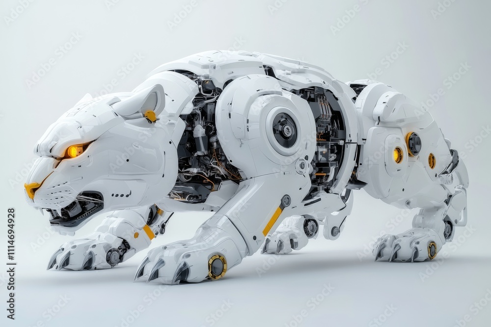 A highly detailed mechanical white tiger exhibits its futuristic design ...