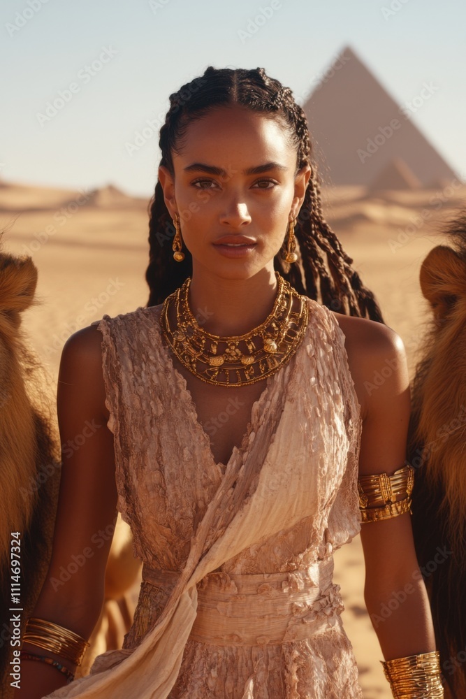 Fashion model posing in egyptian desert with golden jewelry and ...