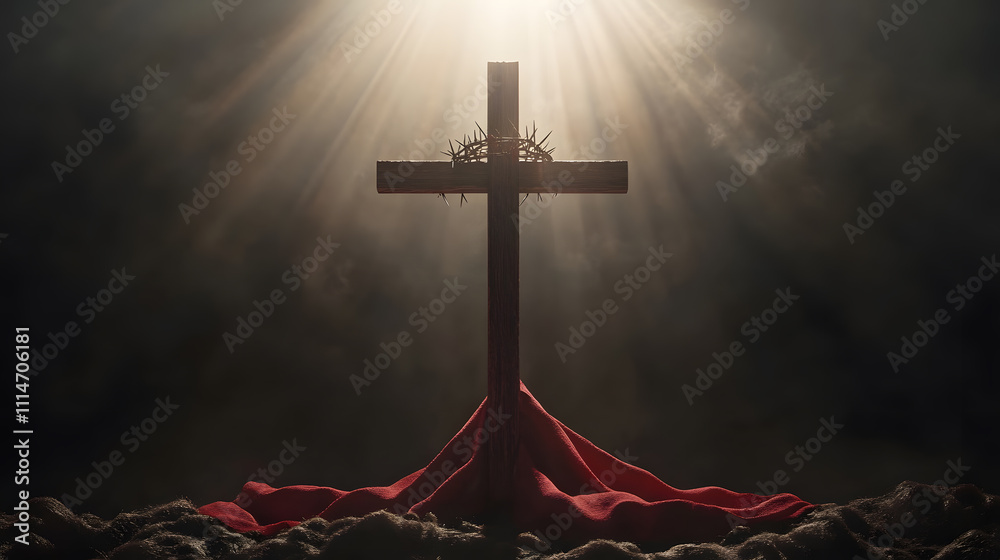 Wooden Cross Standing Upright with a Crown of Thorns - Symbol of Faith ...