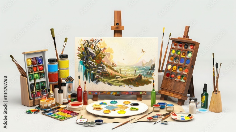 An artist's corner with an array of oil paints, a palette, and a canvas ...