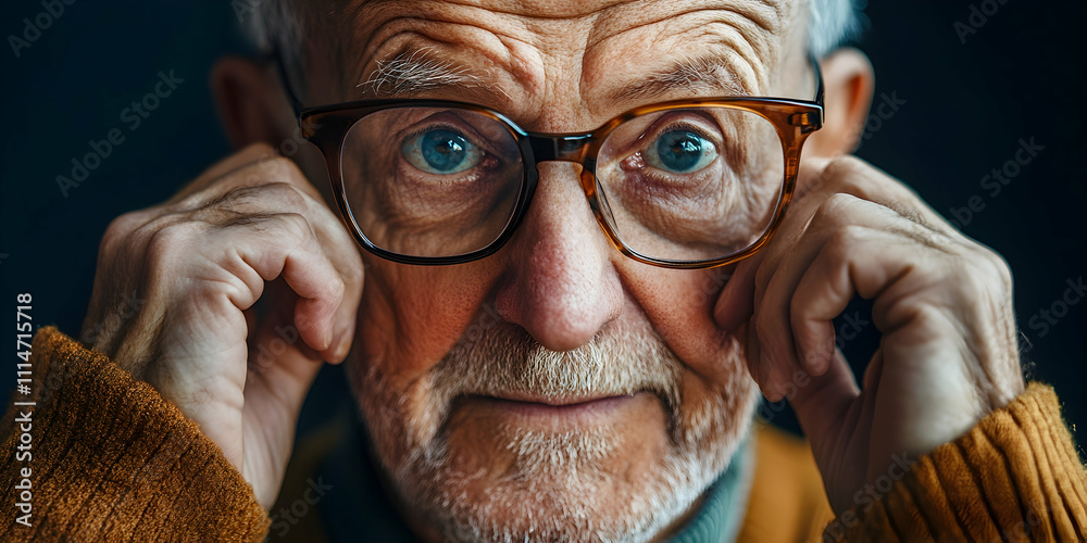 Elderly man adjusting his glasses, highlighting wisdom and life ...