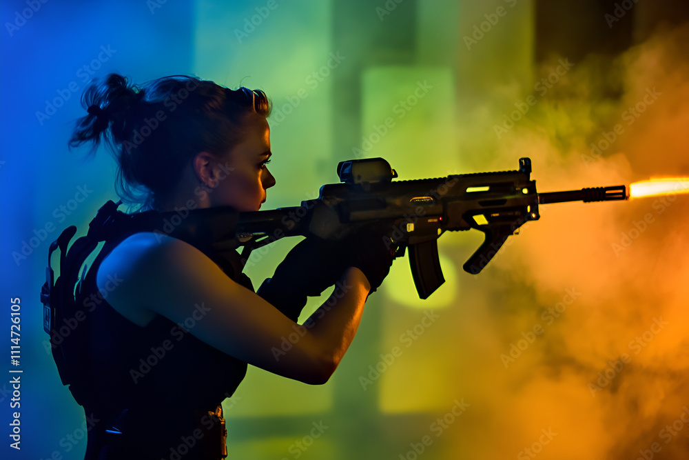 Intense Young Woman Aiming Assault Rifle in Colorful Smoke Background ...