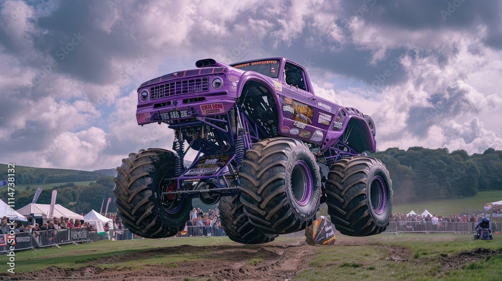 Purple monster truck airborne, performing a stunt at an outdoor event ...