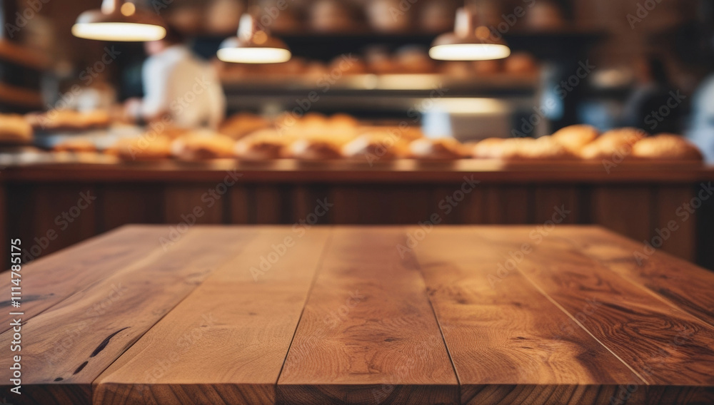 Empty wooden tabletop foreground on blurred bakery or hotel restaurant ...