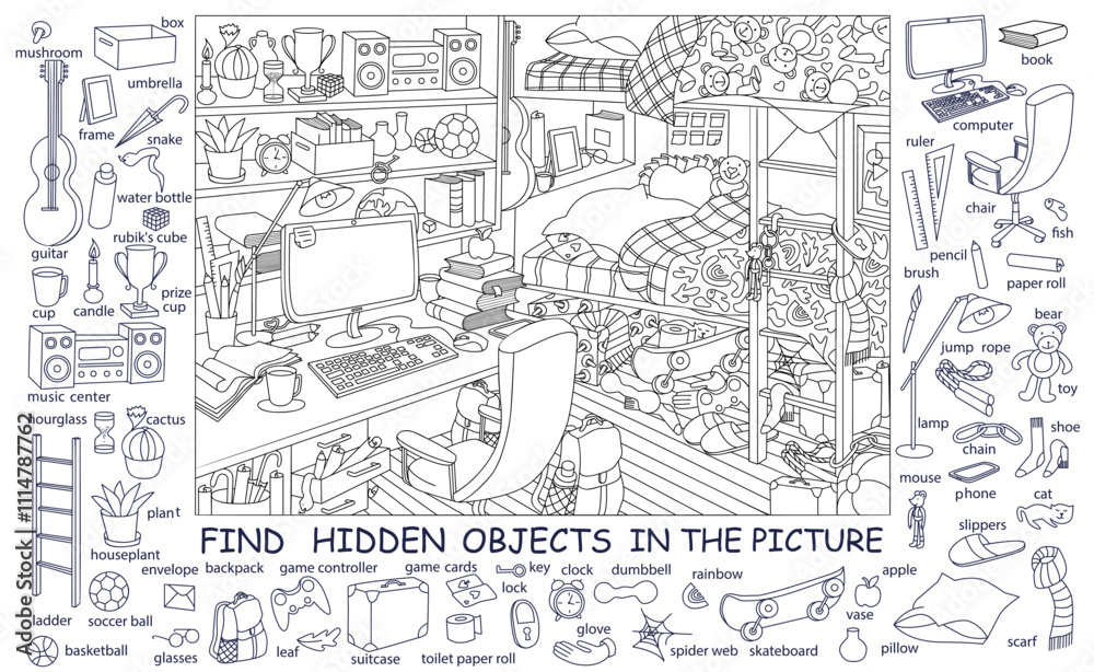 Find and color hidden objects in the picture. Teenager room interior ...