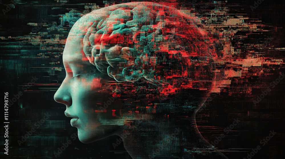 A modern digital art concept featuring a brain partially obscured by ...