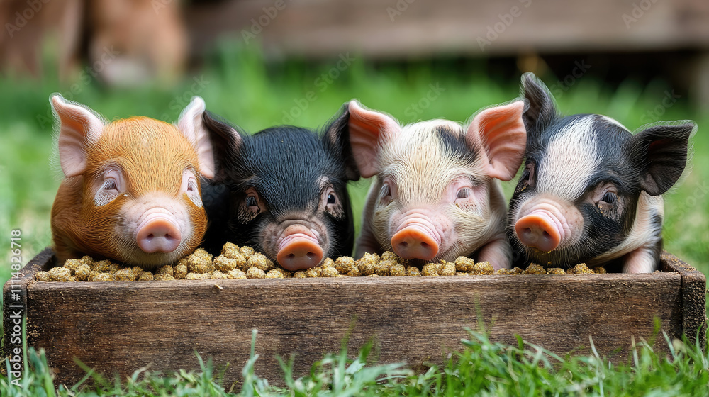 pigs eating feed in a pigsty on a farm, domestic animals, pink cute ...