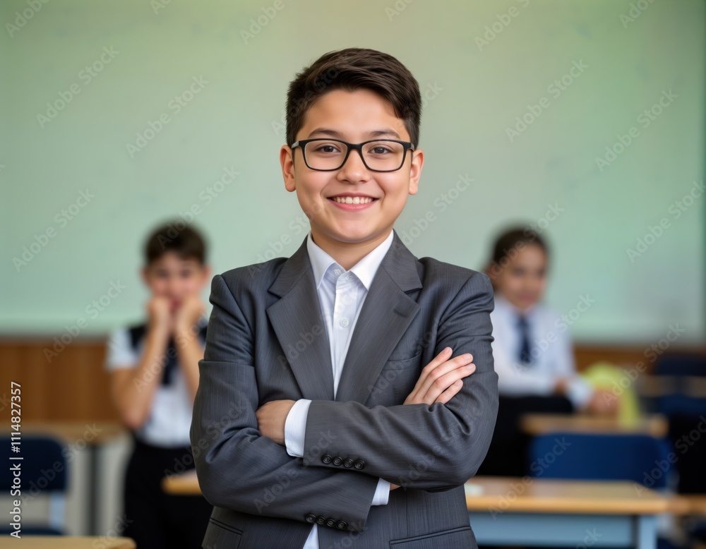 Smiling elementary school student stands in classroom with arms crossed ...