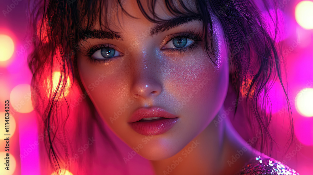 Sexy young woman with plump lips and languid look in shiny top on night ...