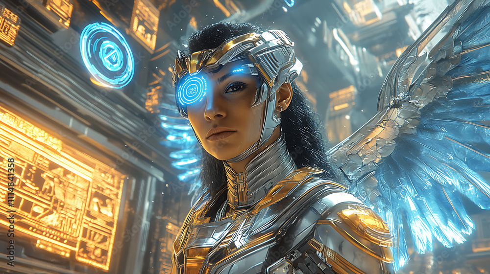 Horus in radiant futuristic armor with glowing falcon wings and ...
