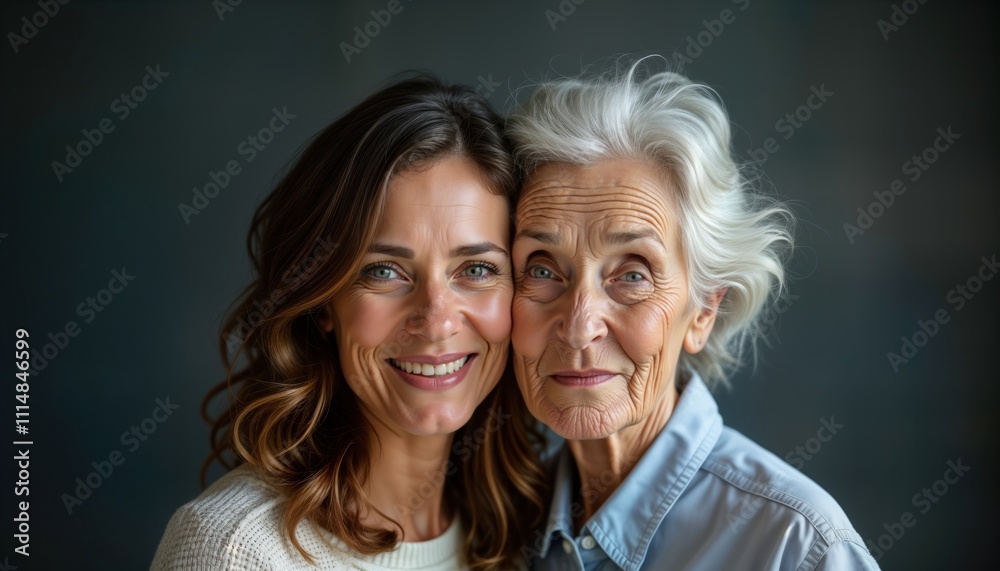 Two women smiling at camera. One woman young, one mature. Portrait ...