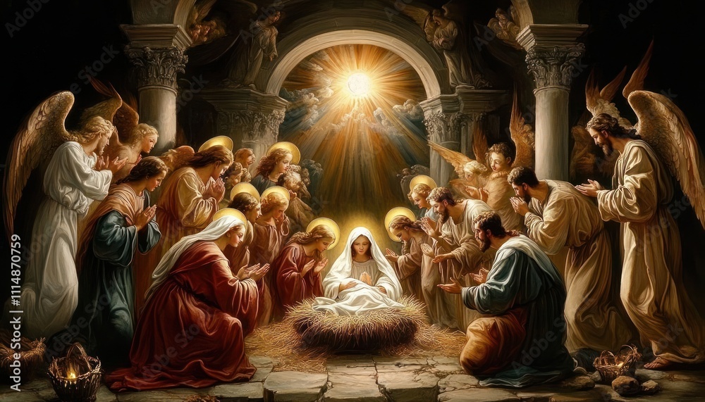 Stock-Foto „Nativity Scene of Baby Jesus Birth with Mary Joseph Angels ...