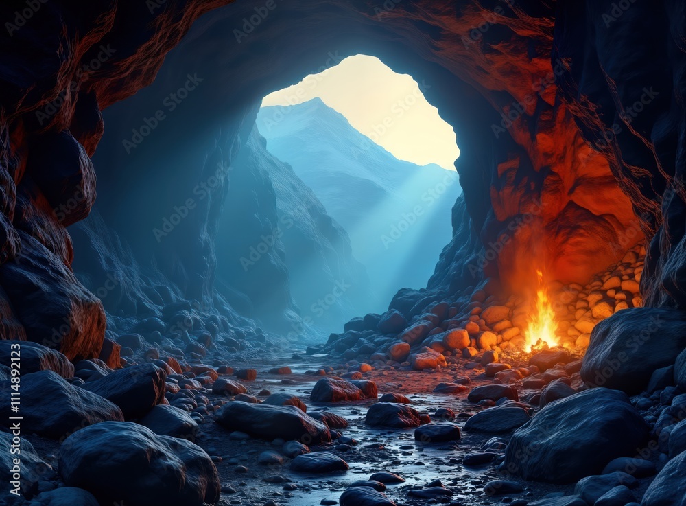 Night scene in a mountain cave. Fireplace inside cave. Rocks and water ...