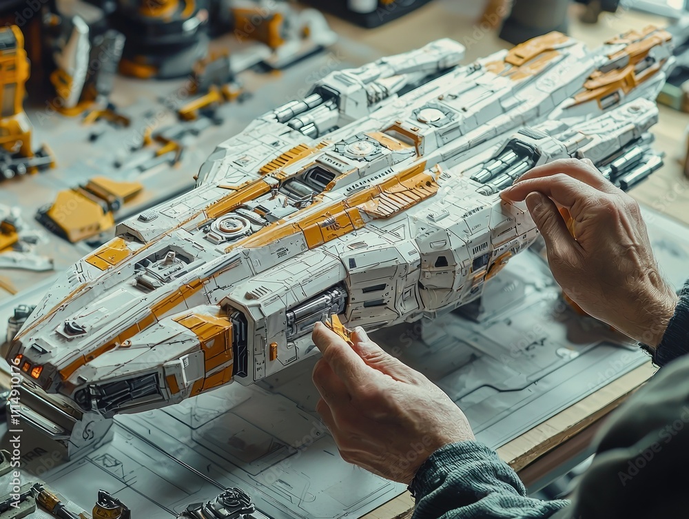 Foto de Stock Model ship assembly hands working on models in a creative ...