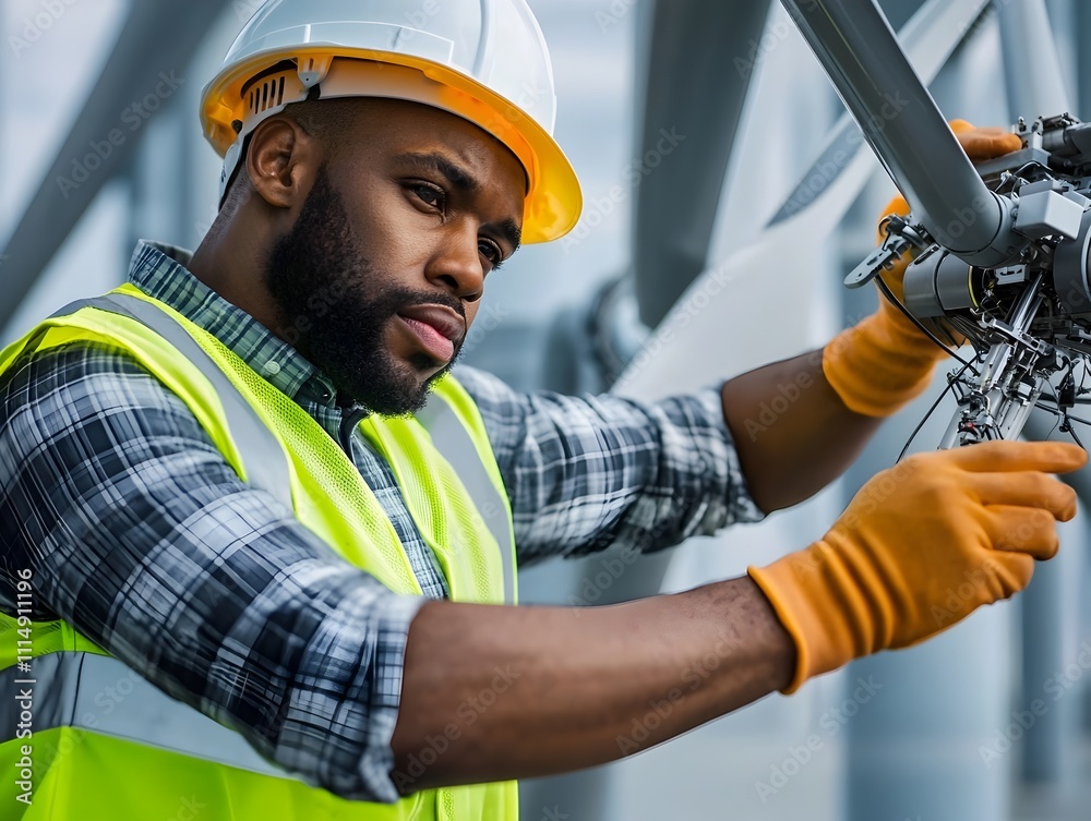 Technician in hardhat and reflective vest closely examining the ...