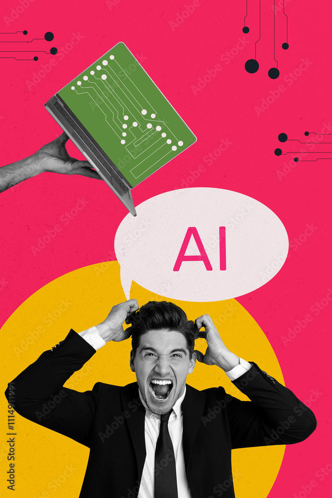 Vertical photo collage of angry man scream bubble ai software hand hold ...