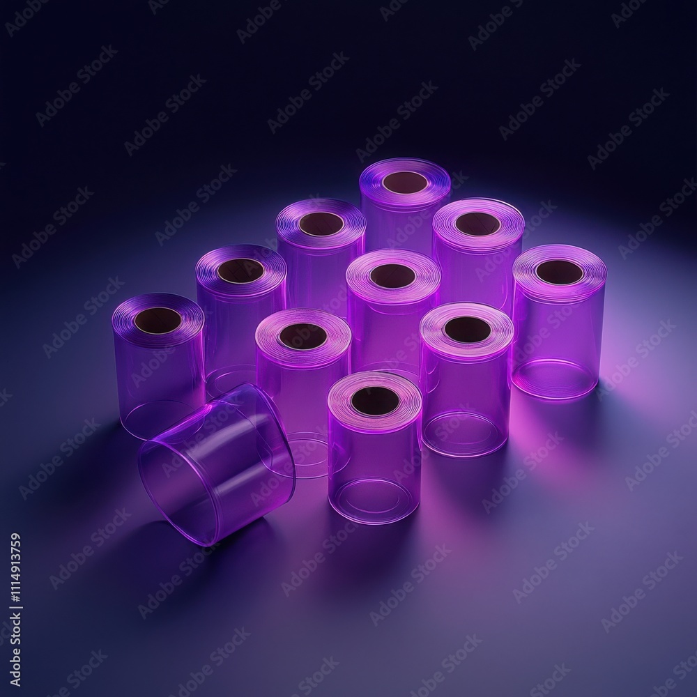 Polymer film rolls radiating under ultraviolet light studio setting ...