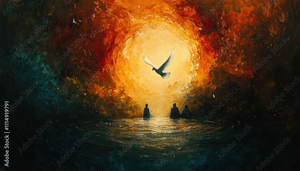 Impressionistic Baptism Scene with Holy Spirit Dove Descending Flames ...