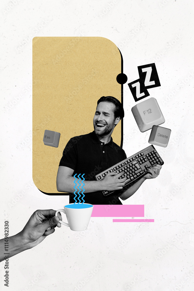 Trend artwork template design 3D collage sketch of hand hold cup coffee ...