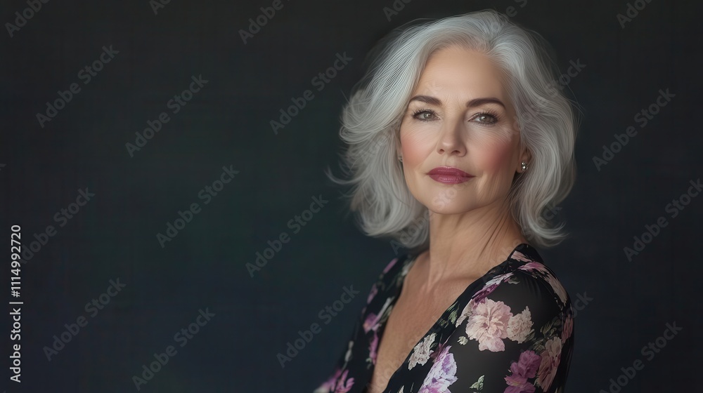 elegant mature woman posing against a solid backdrop, radiating ...