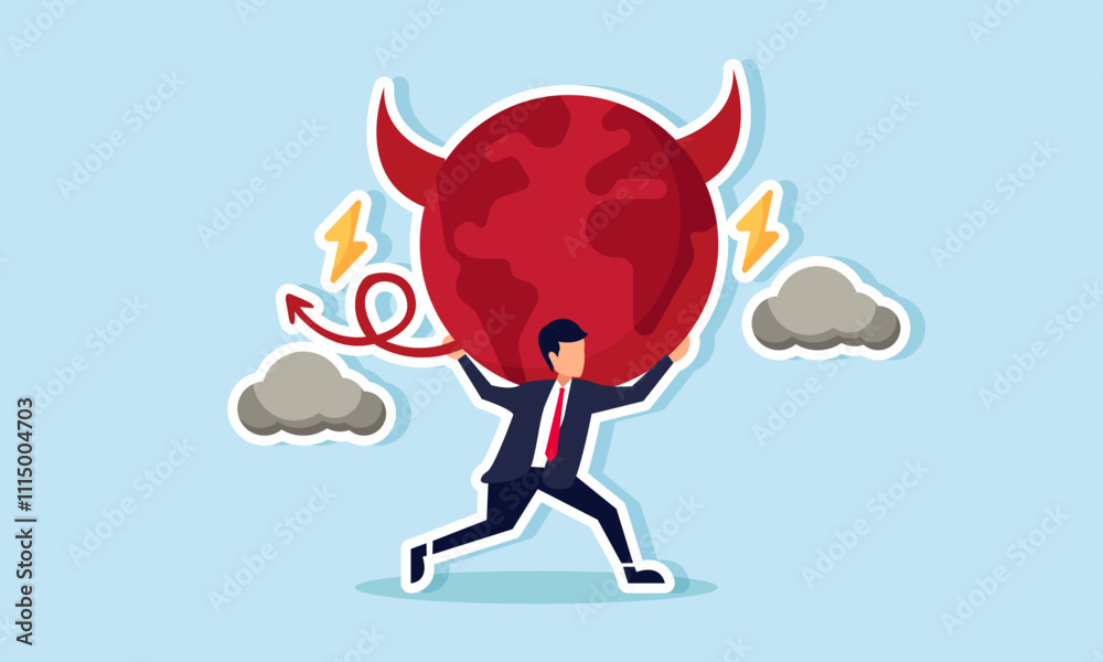 A businessman running away with a devil-shaped globe surrounded by dark ...