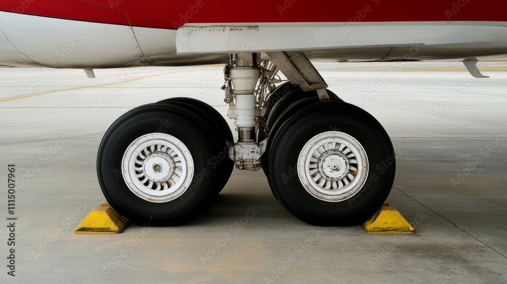 Aircraft landing gear with tires on yellow chocks at the airport during ...