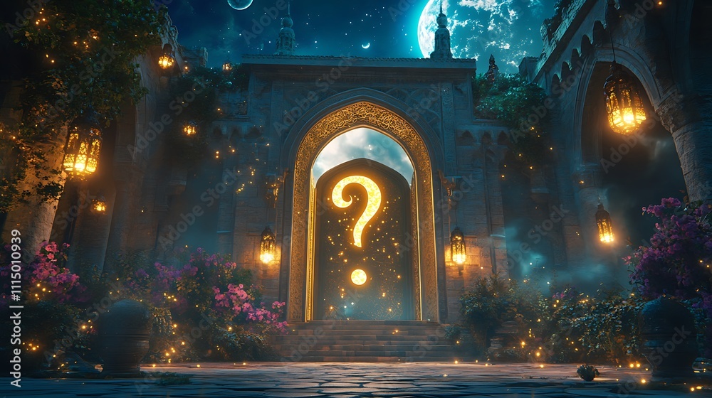Mysterious glowing question mark in a magical arched gateway at night ...