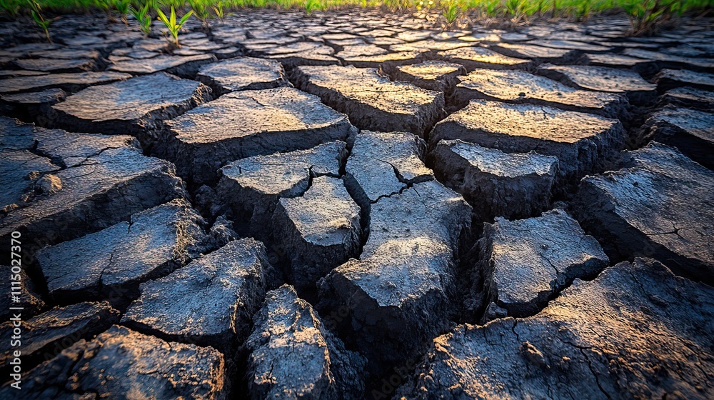 Drought-induced cracks in the soil of a dried-up dam signify the ...