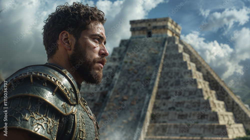 Weathered Spanish explorer conqueror with armor standing resolute ...